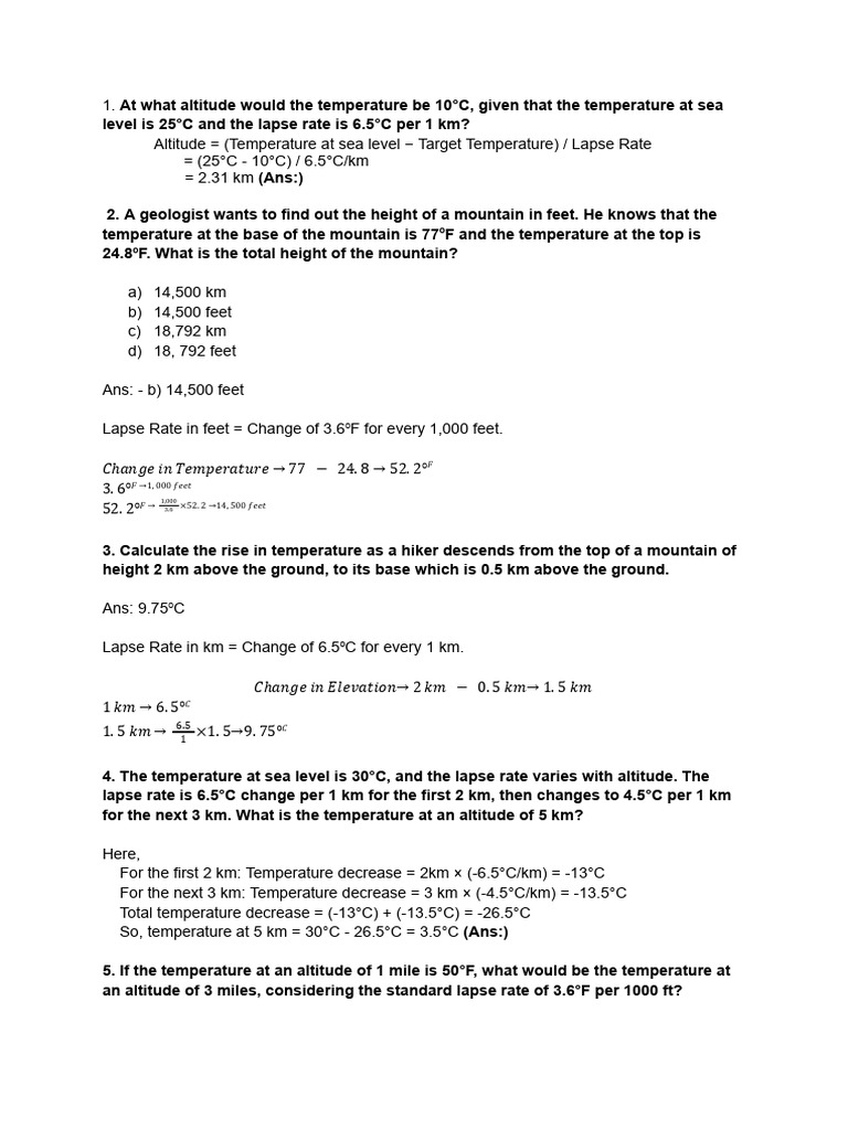 Sample Questions - Lapse Rate | PDF | Altitude | Mountains