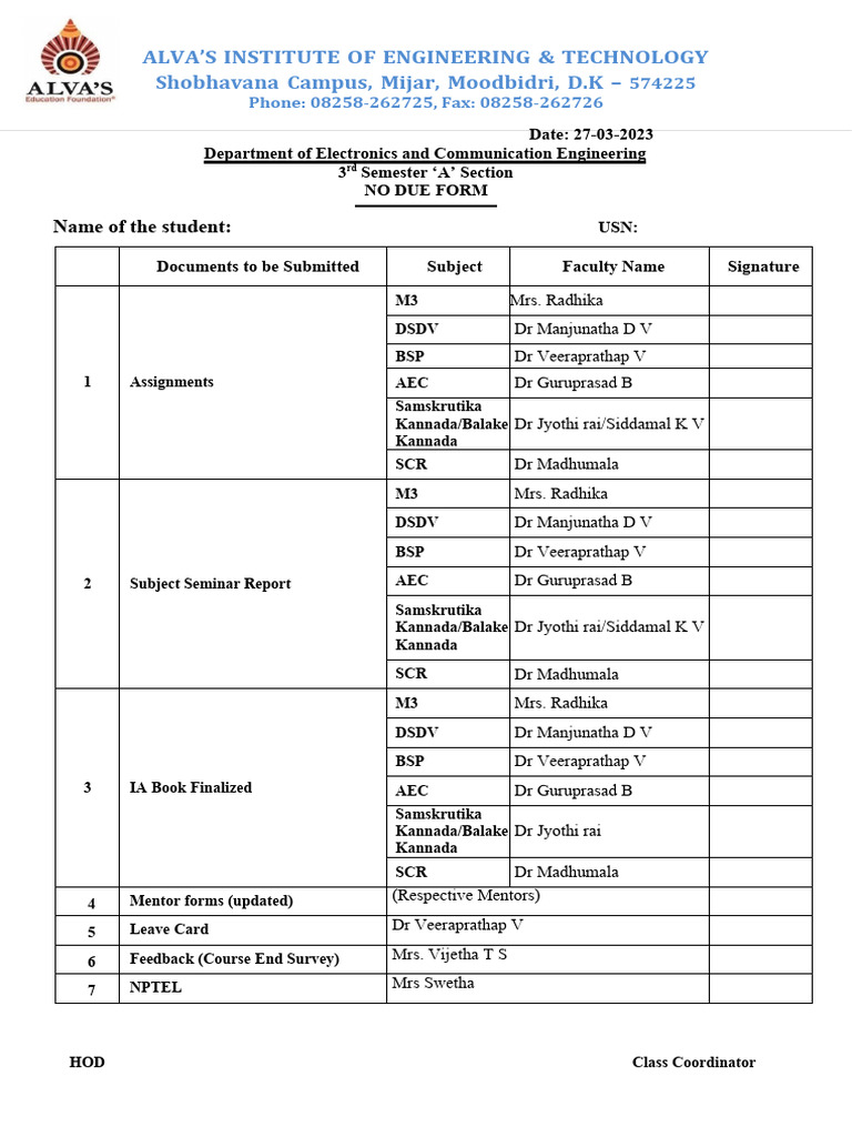 3rd Semester No Due Form - ECE | PDF