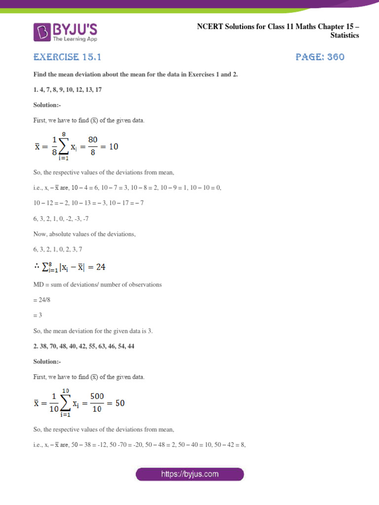 Ncert Solutions For Class 11 Maths May22 Chapter 15 Statistics Exercise 15 1 | PDF | Median | Mean