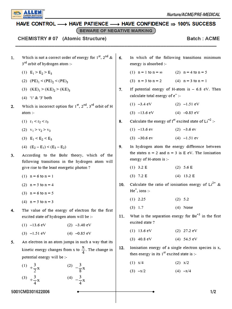 DPP # 7 Atomic Structure | PDF | Atomic | Chemical Physics