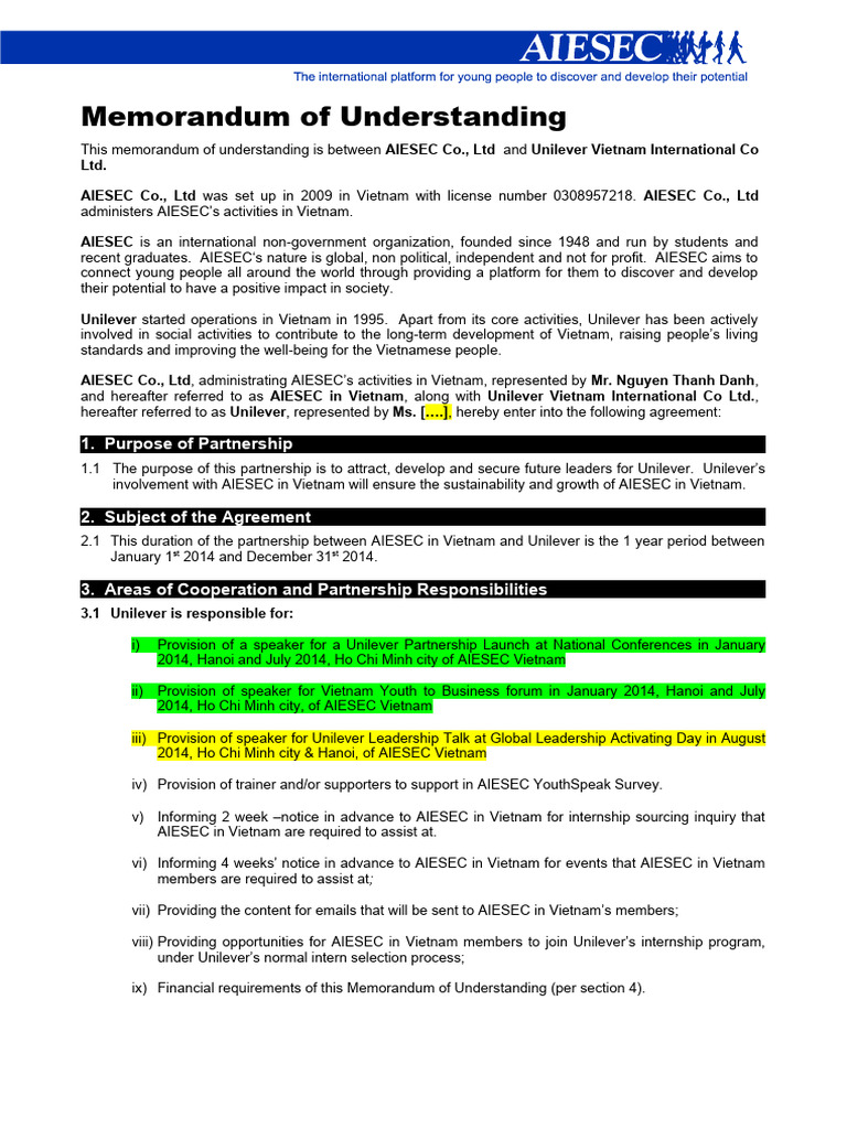 Unilever AIESEC Memorandum of Memory | PDF | Vietnam | Mediation