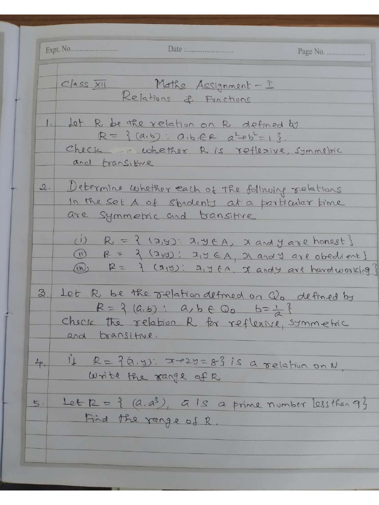 Class XII Maths Assignment Rel&fun | PDF