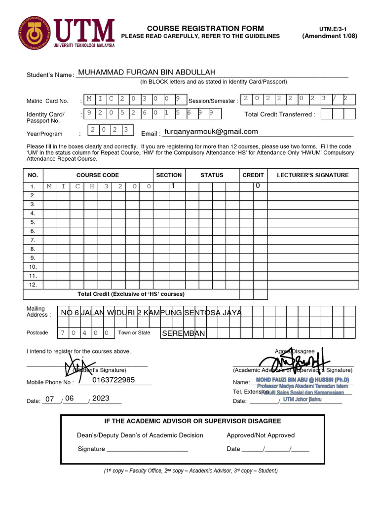 Course Registration Form 1 | PDF | Government And Personhood