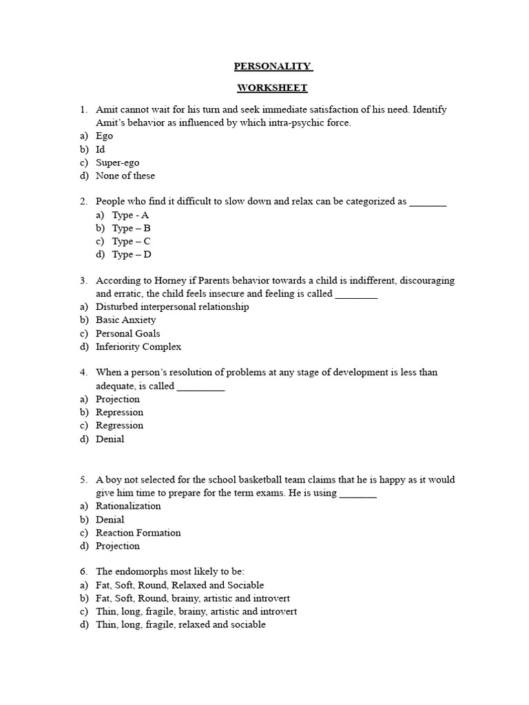 Personality Worksheet | PDF | Id | Psychology