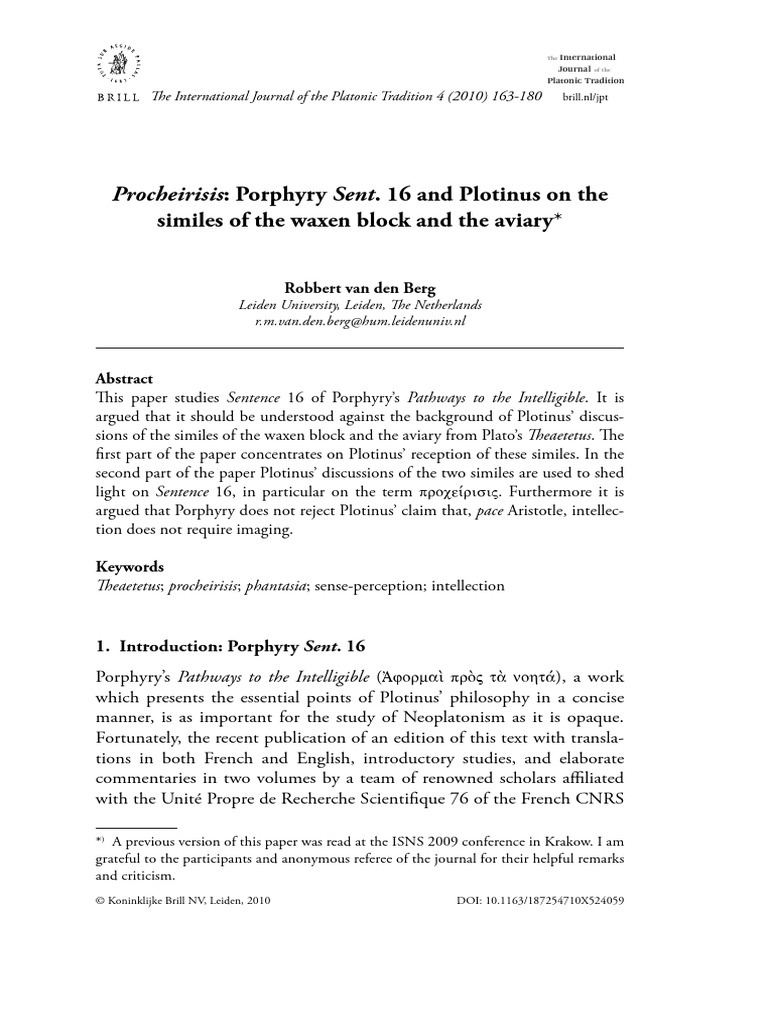 Procheirisis, Porphyry Sent. 16 and Plotinus On The Similes of The ...