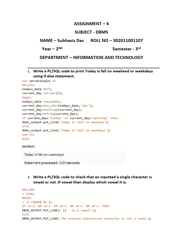 Subhasis Das Ass-4 | PDF | Pl/Sql | Control Flow