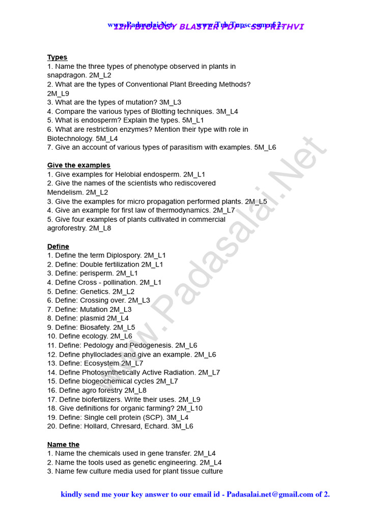 12th Biology Blaster Classification Questions English Medium PDF ...