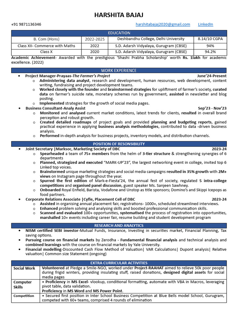 Harshita Bajaj-Resume | PDF | Valuation (Finance) | Microsoft Excel