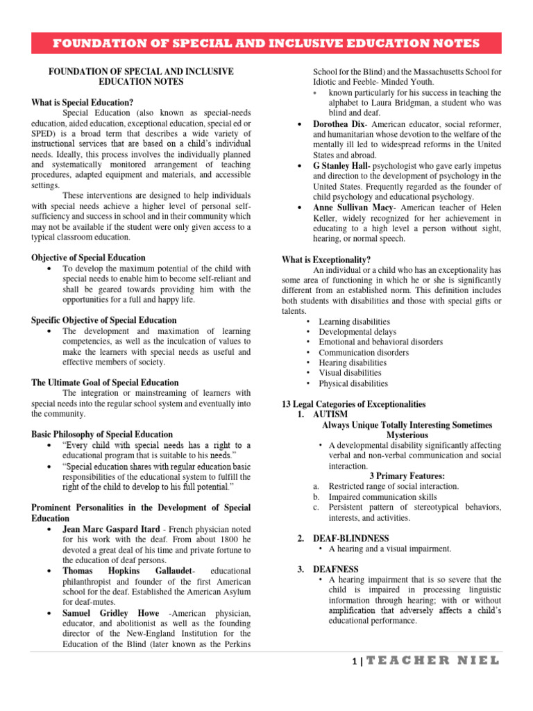 NOTES - FOUNDATION OF SPECIAL AND INCLUSIVE EDUCATION NOTES | PDF ...