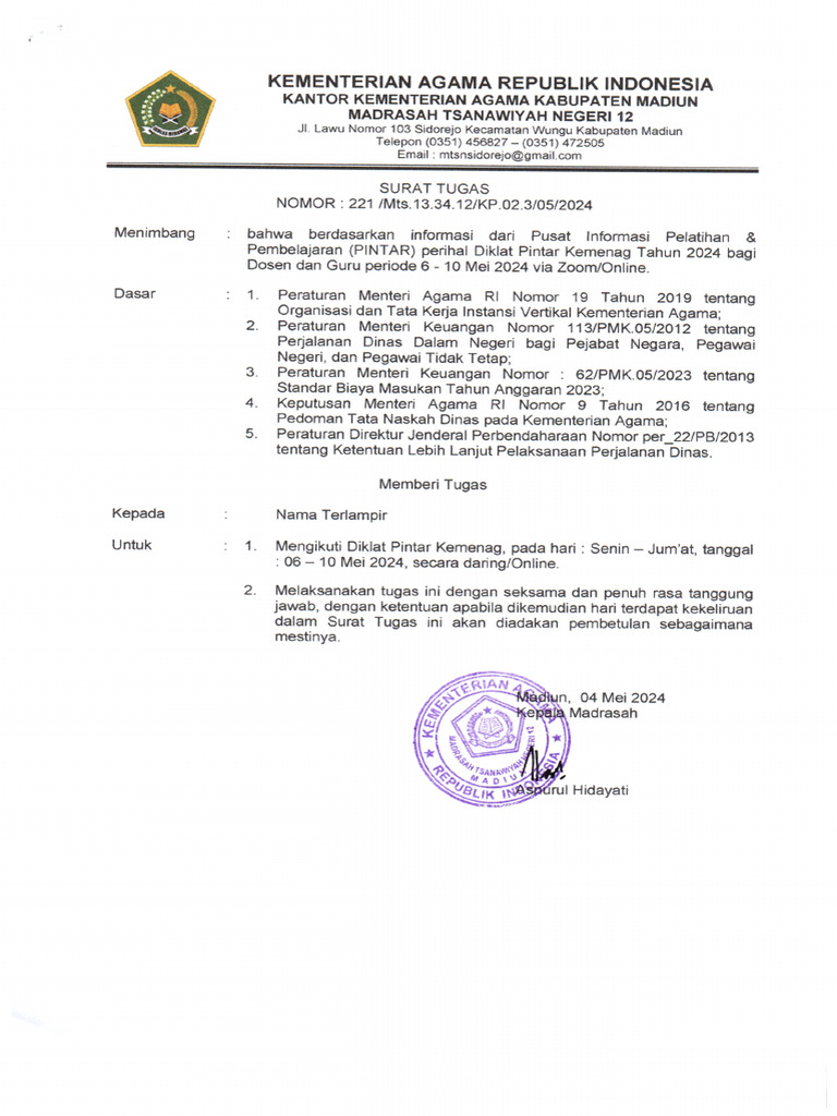 Surat Tugas Diklat Pintar 06-10 Mei 2024 | PDF