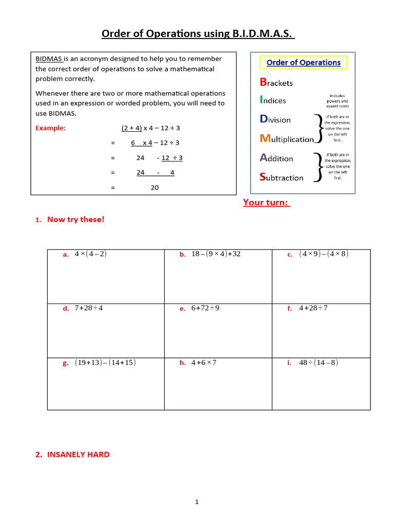 BIDMAS Practise Worksheet | PDF | Mathematics