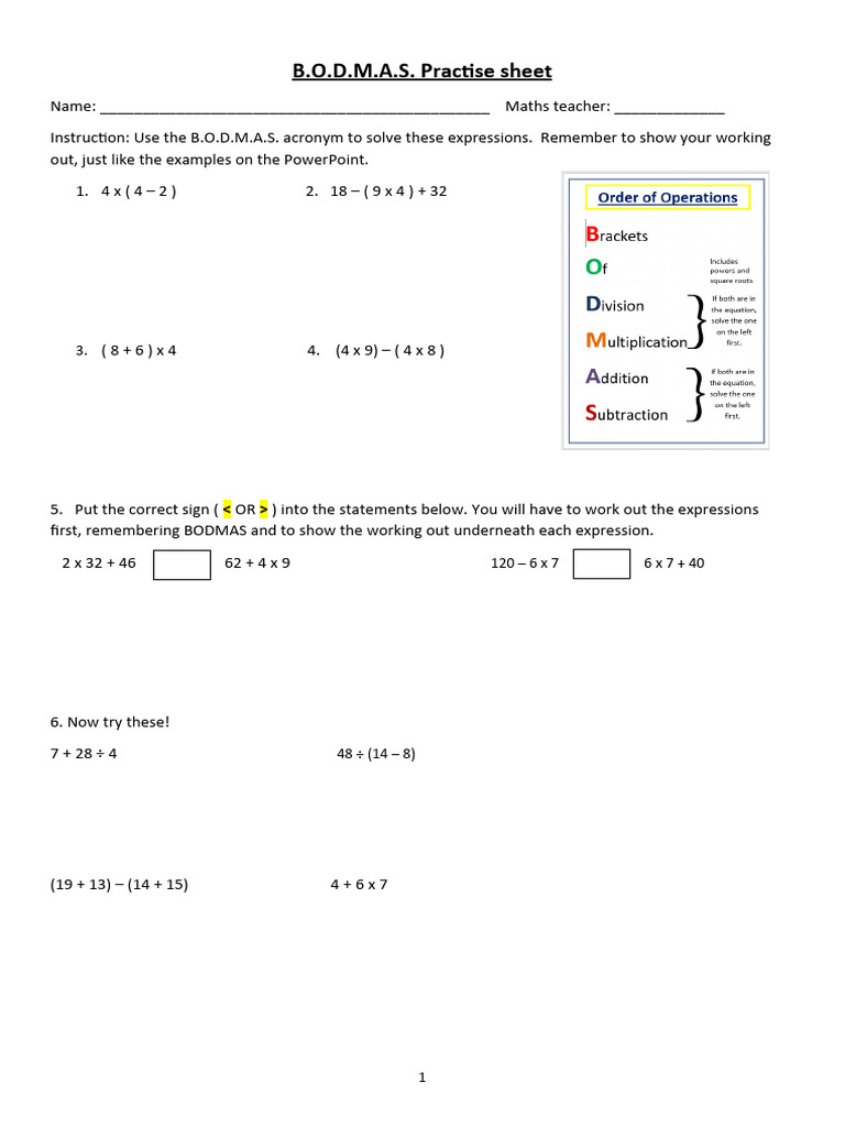Year 9 Maths - Level 6 Lesson 3 BODMAS worksheet | PDF