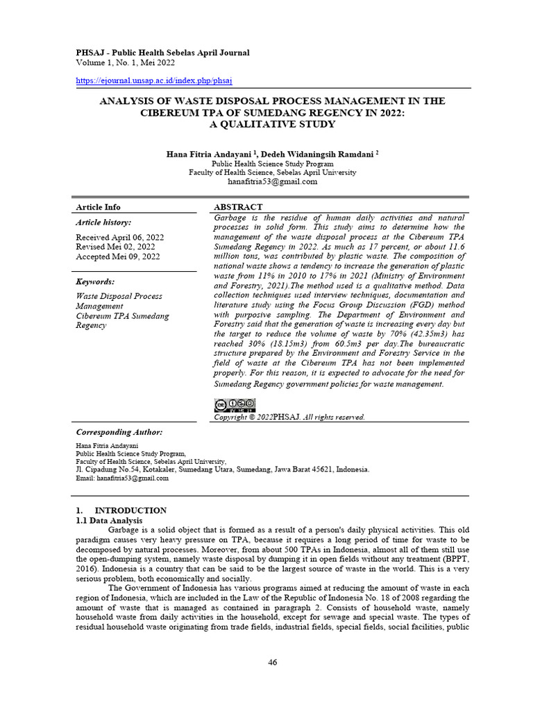 Analysis of Waste Disposal Process Management in The Cibereum Tpa of ...