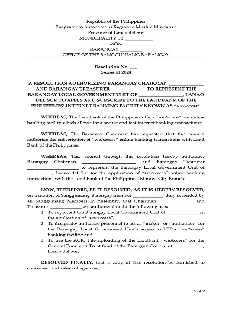 Barangay Resolution for Online Banking | PDF | Service Industries