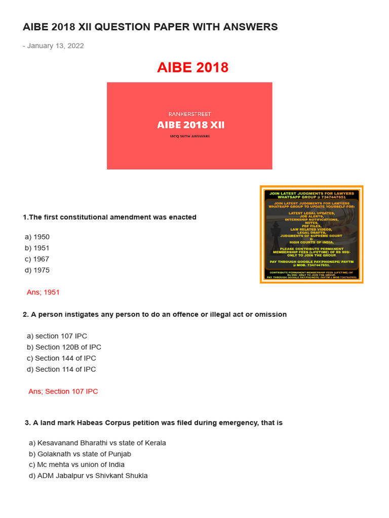 Aibe 2018 Xii Question Paper With Answers | PDF | Bail | Constitution