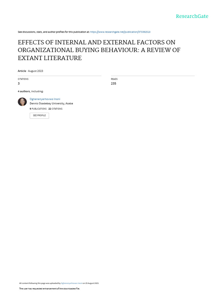 Effects of Internal and External Factors On Organizational Buying Behaviour - A Review of Extant ...