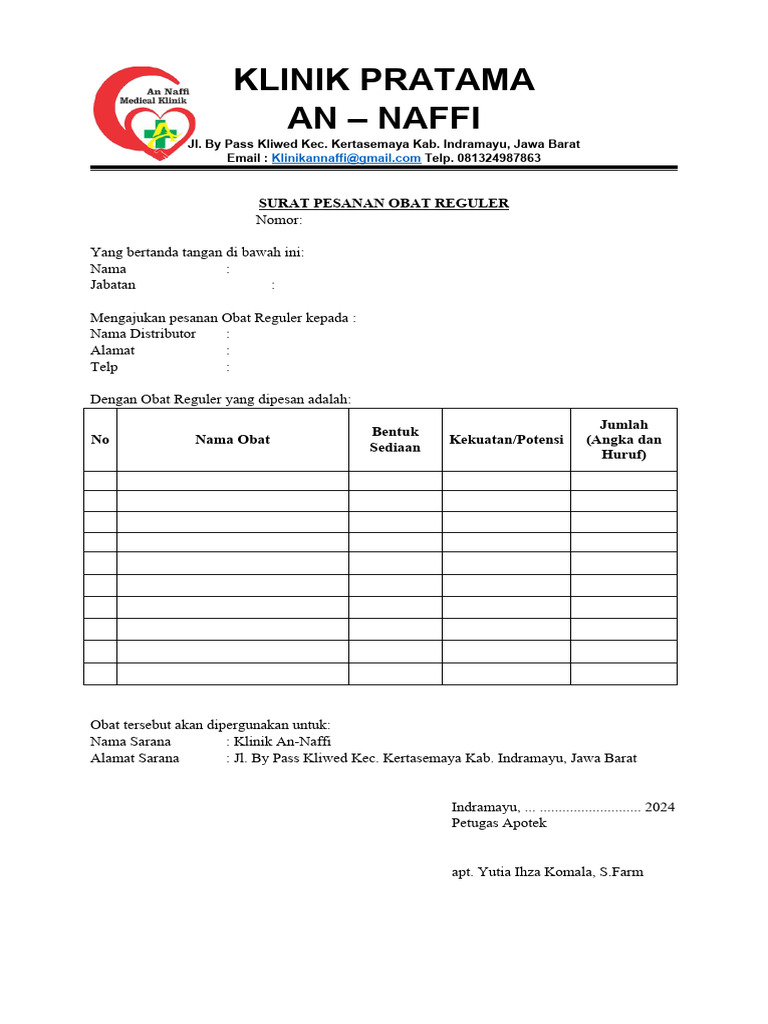 Surat Pesanan Obat Klinik An-Naffi | PDF