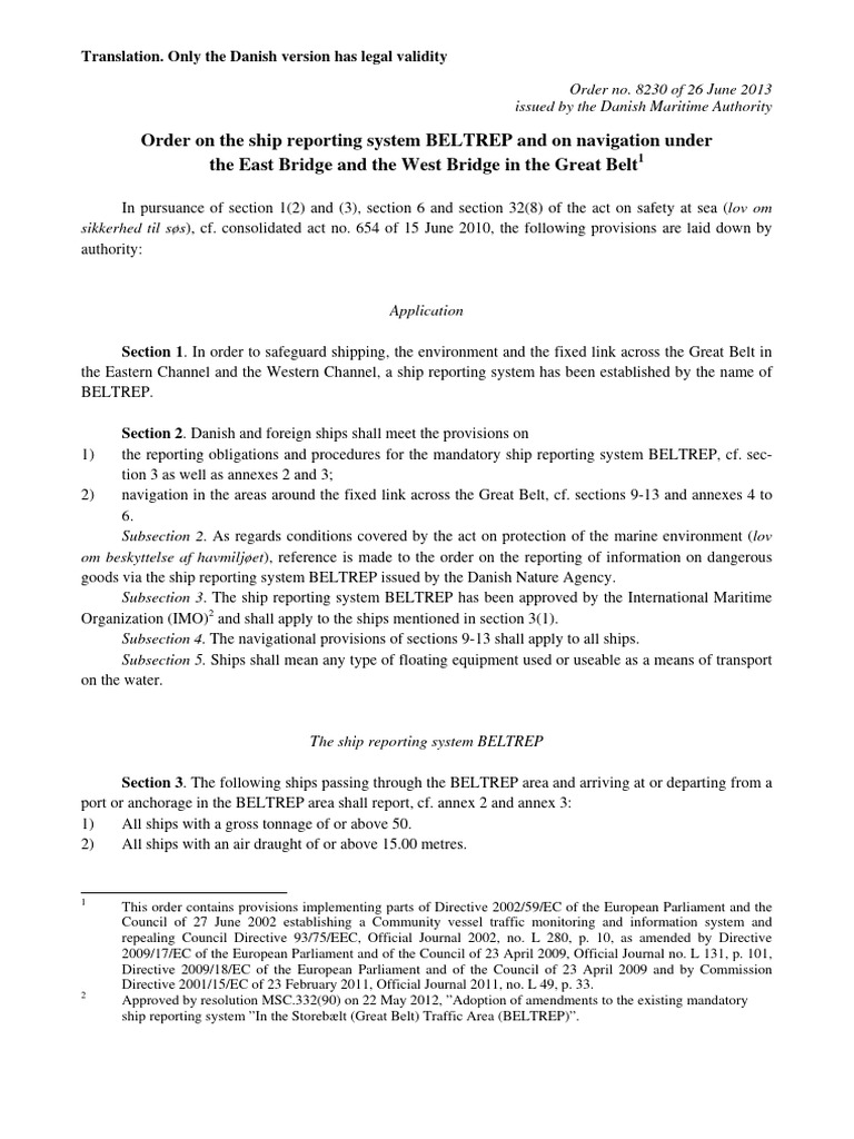 Order On The Ship Reporting System BELTREP and On Navigation Under The ...