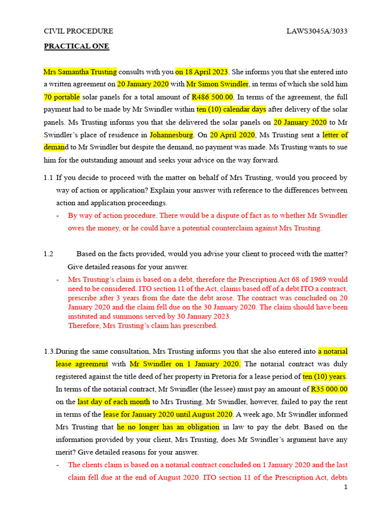 Civil Procedure Practical Questions SM 1_2024 With Answers | PDF | Lease | Renting