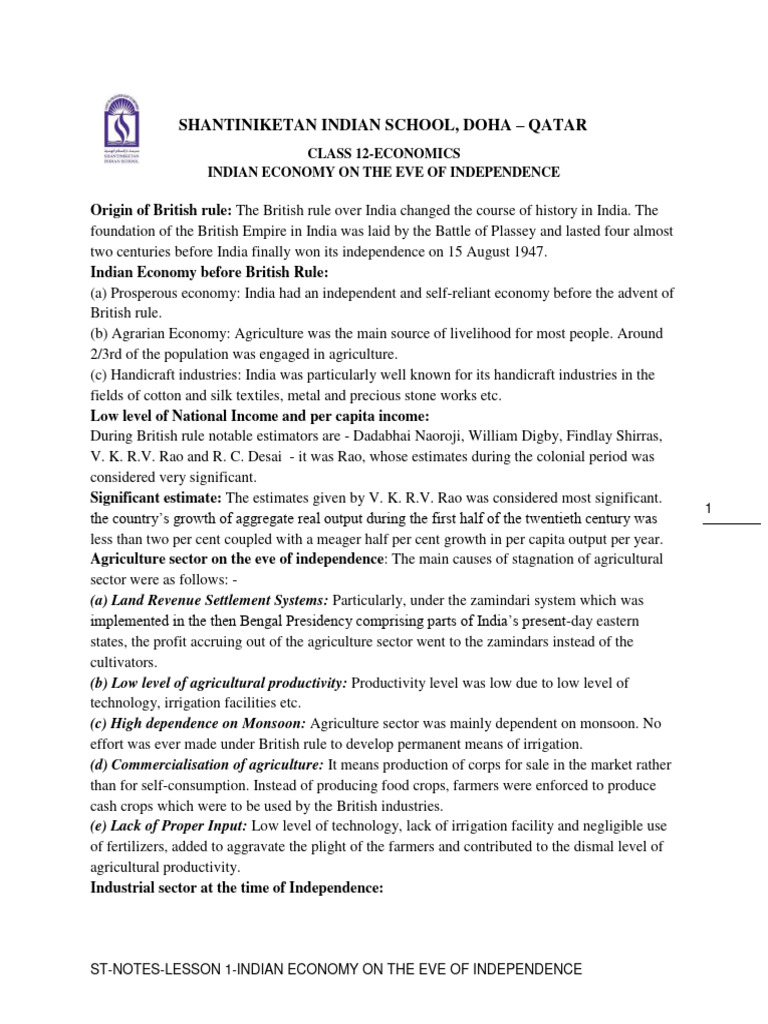 St-Notes-Lesson 1-Indian Economy On The Eve of Independence | PDF ...