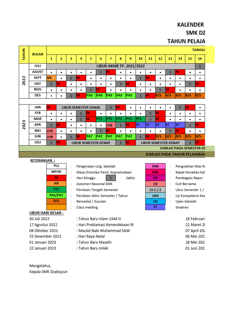 Kalender Pendidikan SMK Dzakiyyun 2022-2023 | PDF