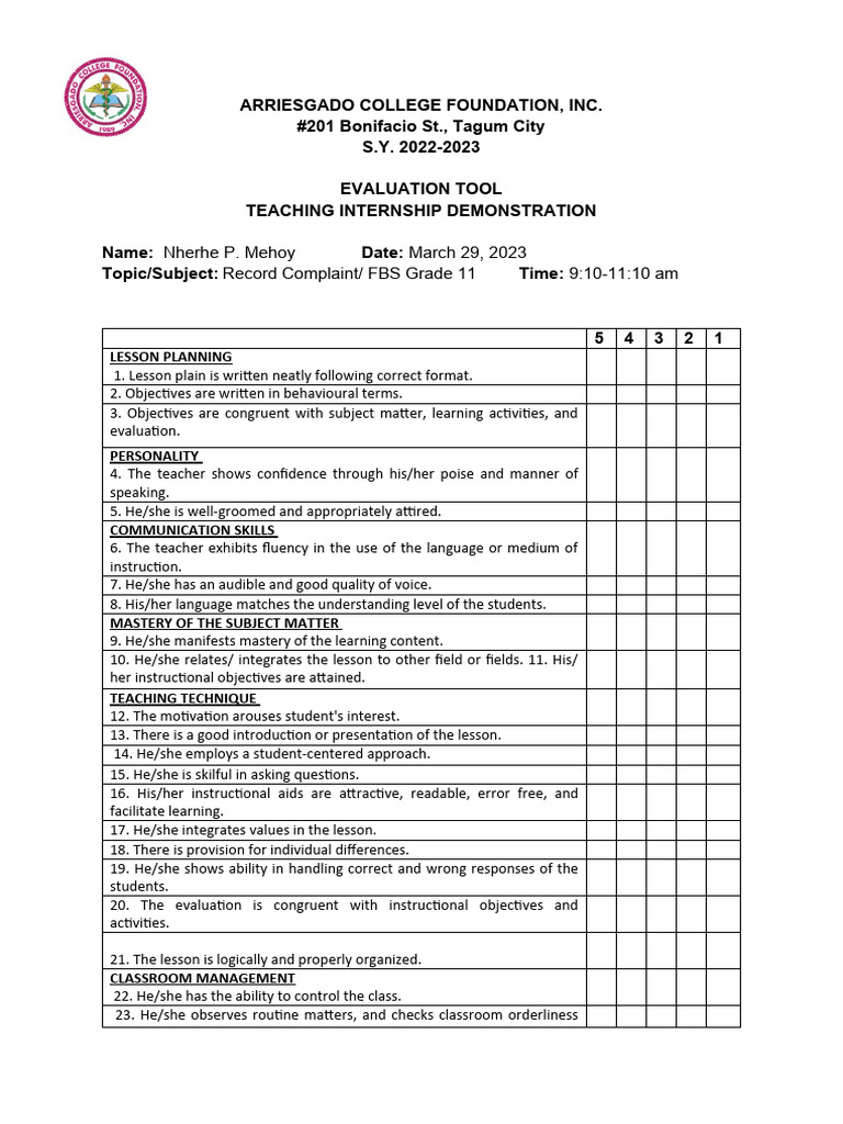 Evaluation For Teaching Demo Intern | PDF | Teachers | Classroom Management