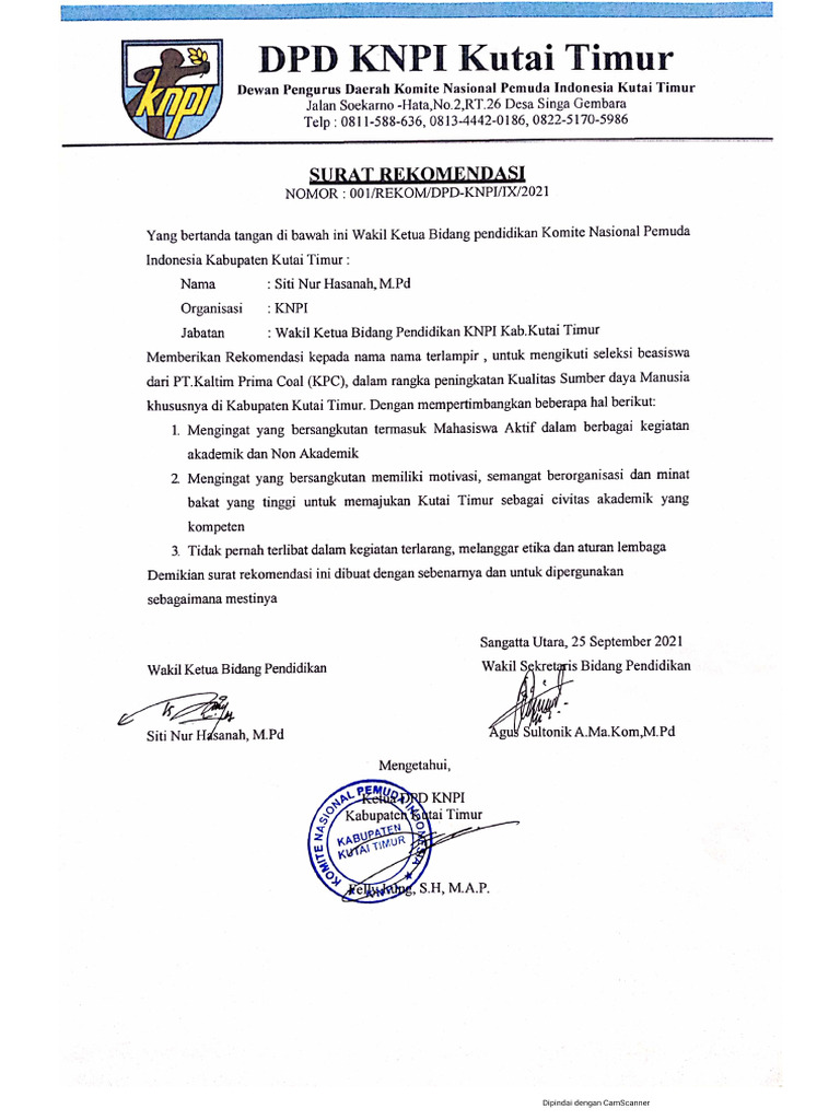 Rekomendasi KNPI Calon Penerima Beasiswa KPC | PDF