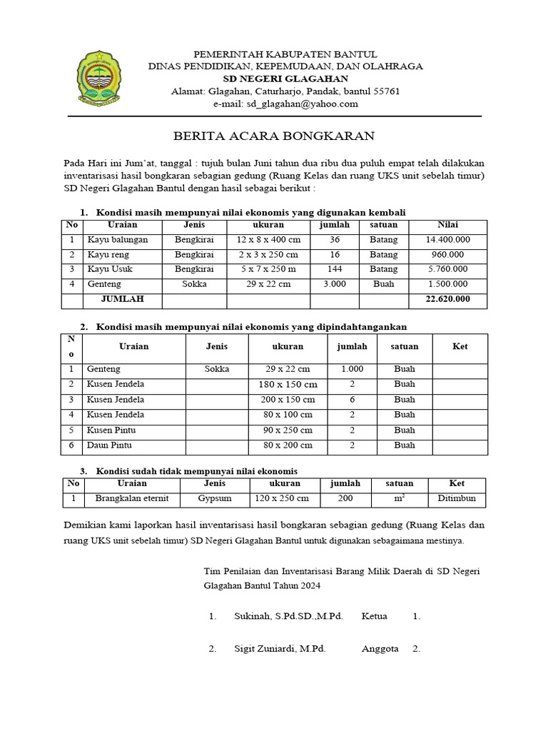 Inventarisasi Bongkaran SD Glagahan 2024 | PDF