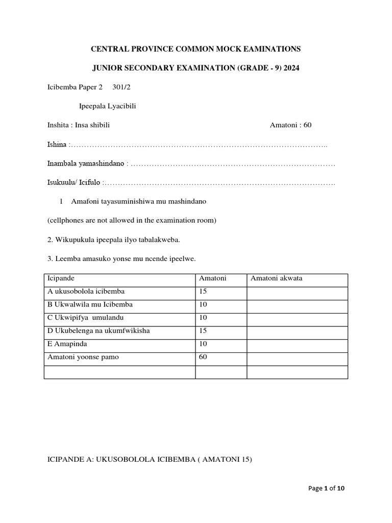 Grade 9 Icibemba p2 | PDF