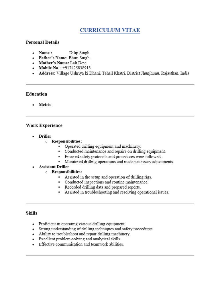 Curriculum Vitae Of Dilip Singh Pdf
