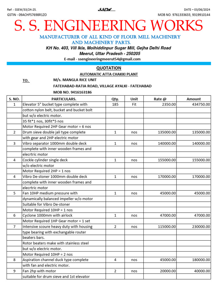 QUOTATION SSEW-35-2023-24- ATTA CHAKKI PLANT - | PDF | Electric Motor | Mechanical Engineering