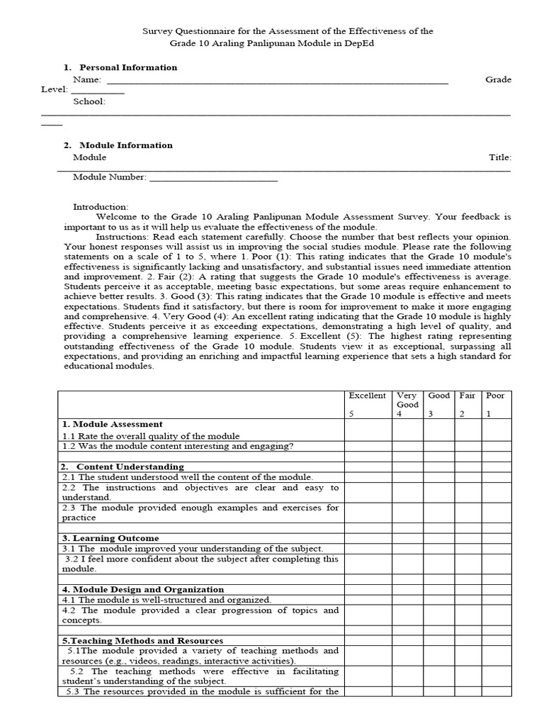 Survey Questionnaire For The Assessment of The Effectiveness of The ...