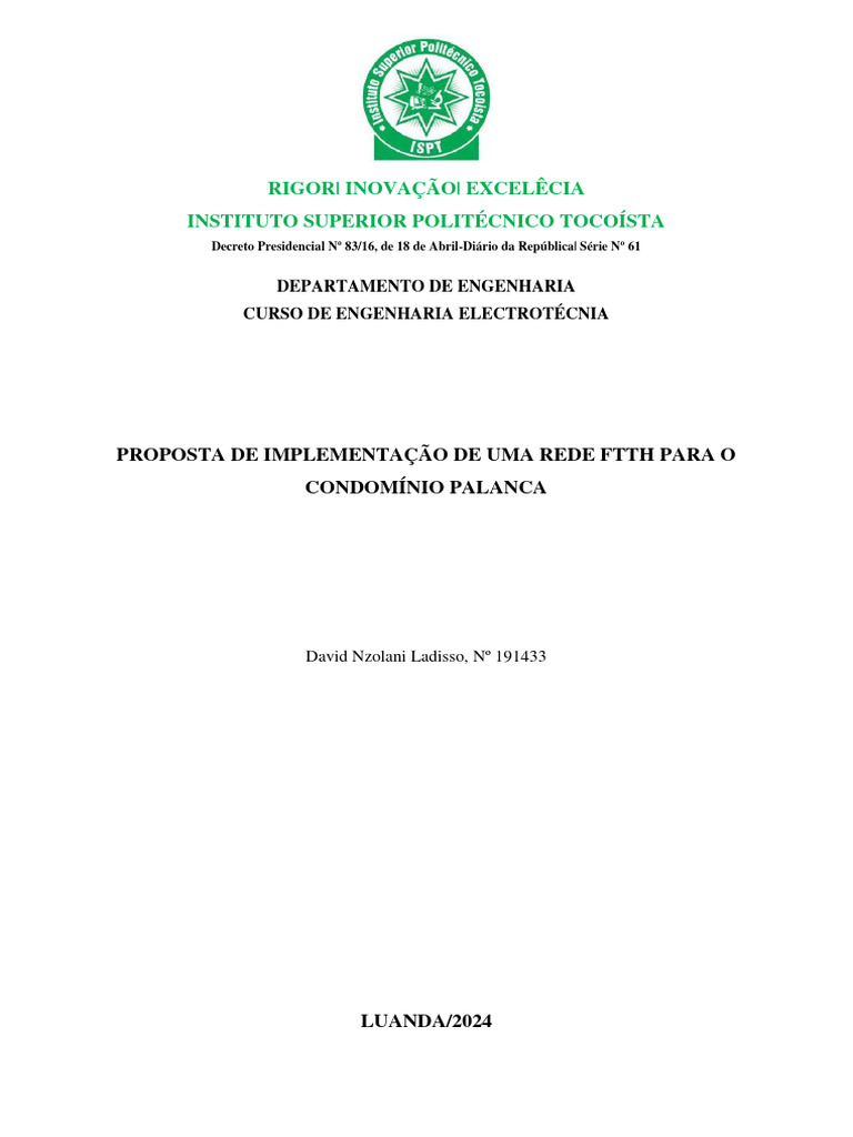 Pré-Projecto - DAVID LADISSO 2023-2024-RETIFICADO-2 | PDF | Rede de computadores | Fibra ótica