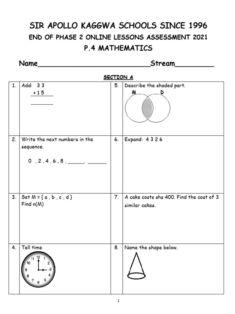 P_4 Mathematics Test | PDF | Arithmetic | Mathematics