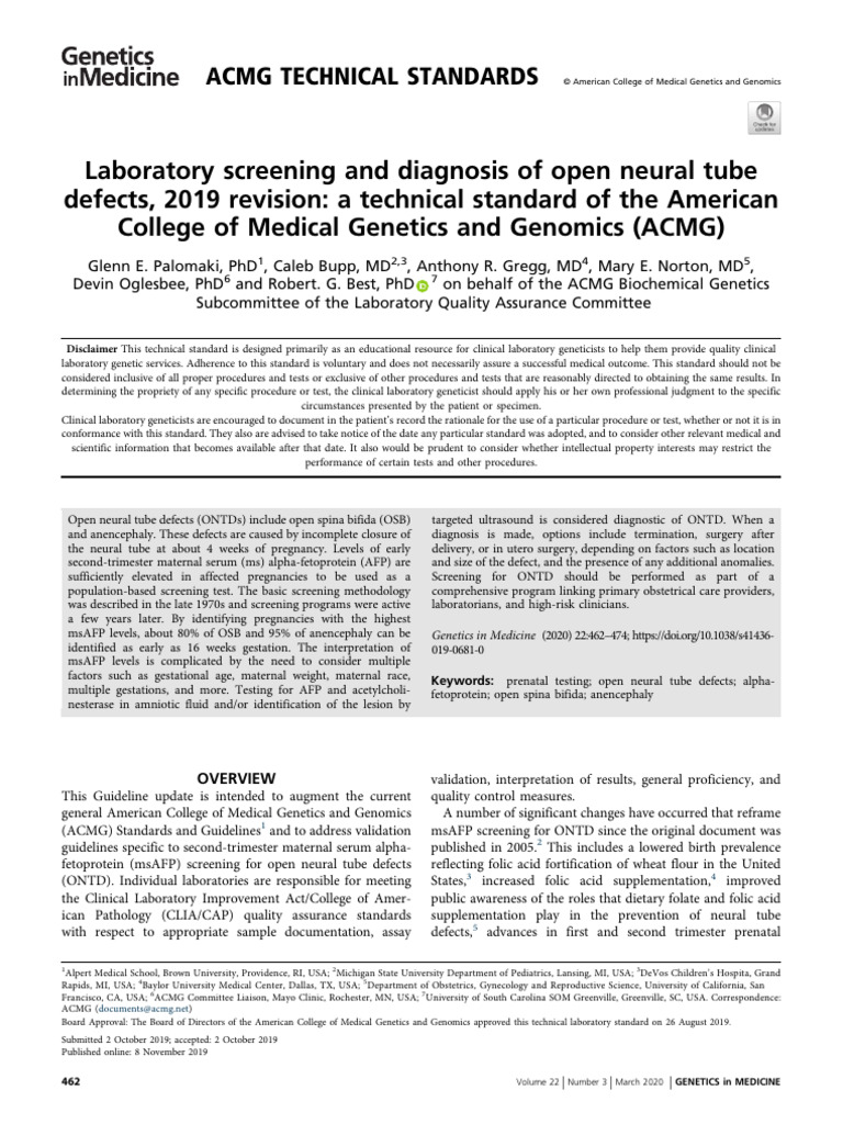 Laboratory Screening and Diagnosis of Open Neural Tube Defects 2020 ...