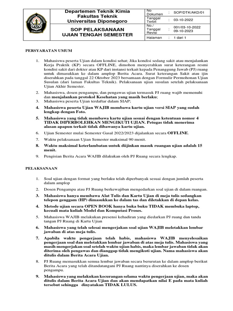 09 - 10 - 2023 - SOP Pelaksanaan Ujian Tengah Semester Gasal 2023 2023 | PDF