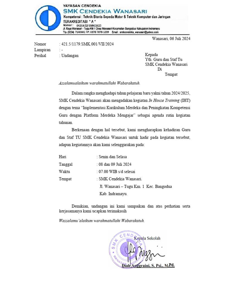 Undangan IHT Guru SMK Cendekia Wanasari | PDF