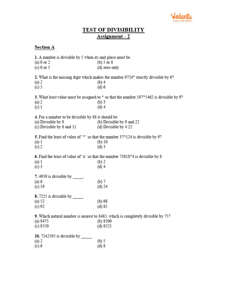Test of Divisibility - Assignment - S2 - L4 | PDF | Numbers | Mathematics