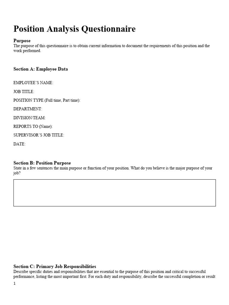 Position Analysis Questionnaire (PAQ) Example Template | PDF