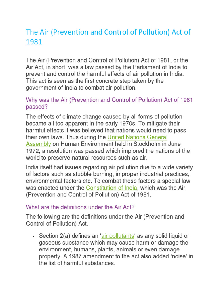 The Air (Prevention and Control of Pollution) Act of 1981 | PDF ...