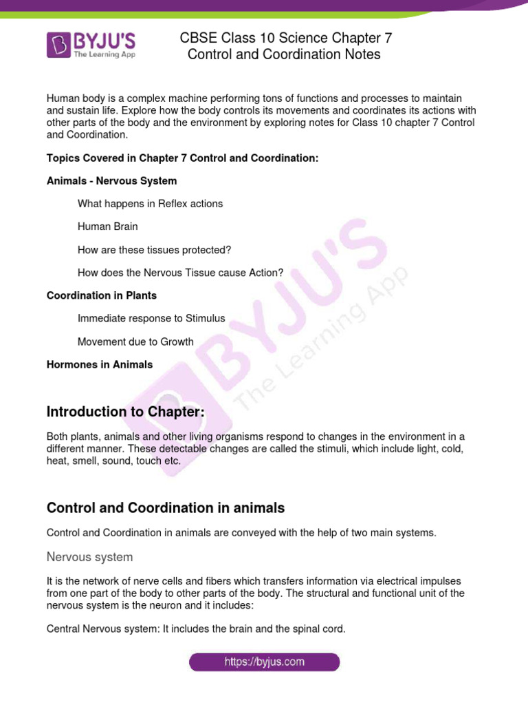 CBSE Class 10 Science Chapter 7 Notes | PDF | Nervous System | Central ...