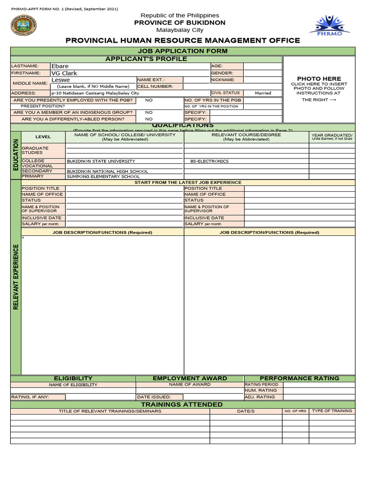 Bukidnon Job Application Form | PDF
