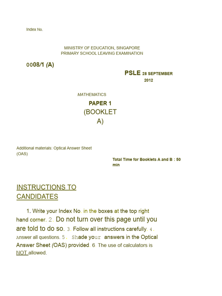 2012 Math PSLE Paper | PDF
