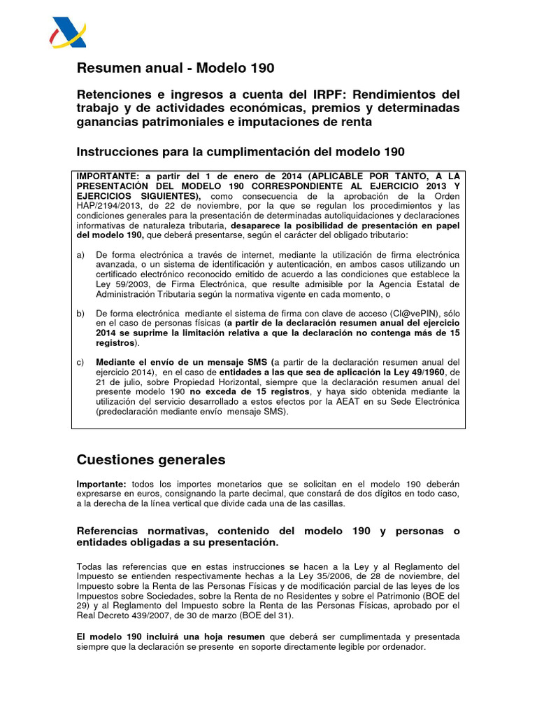 Instrucciones Modelo 190 | PDF | Impuestos | Contraseña