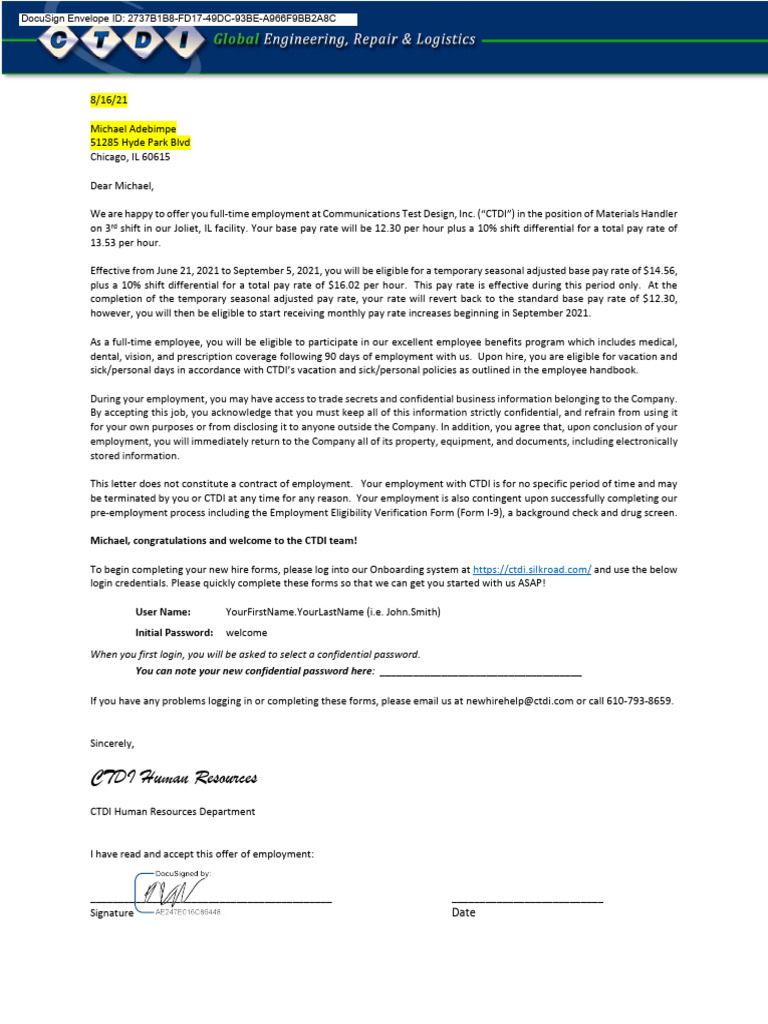 Please DocuSign: Offer Letter-Michael Adebimpe | PDF | Login | Employment