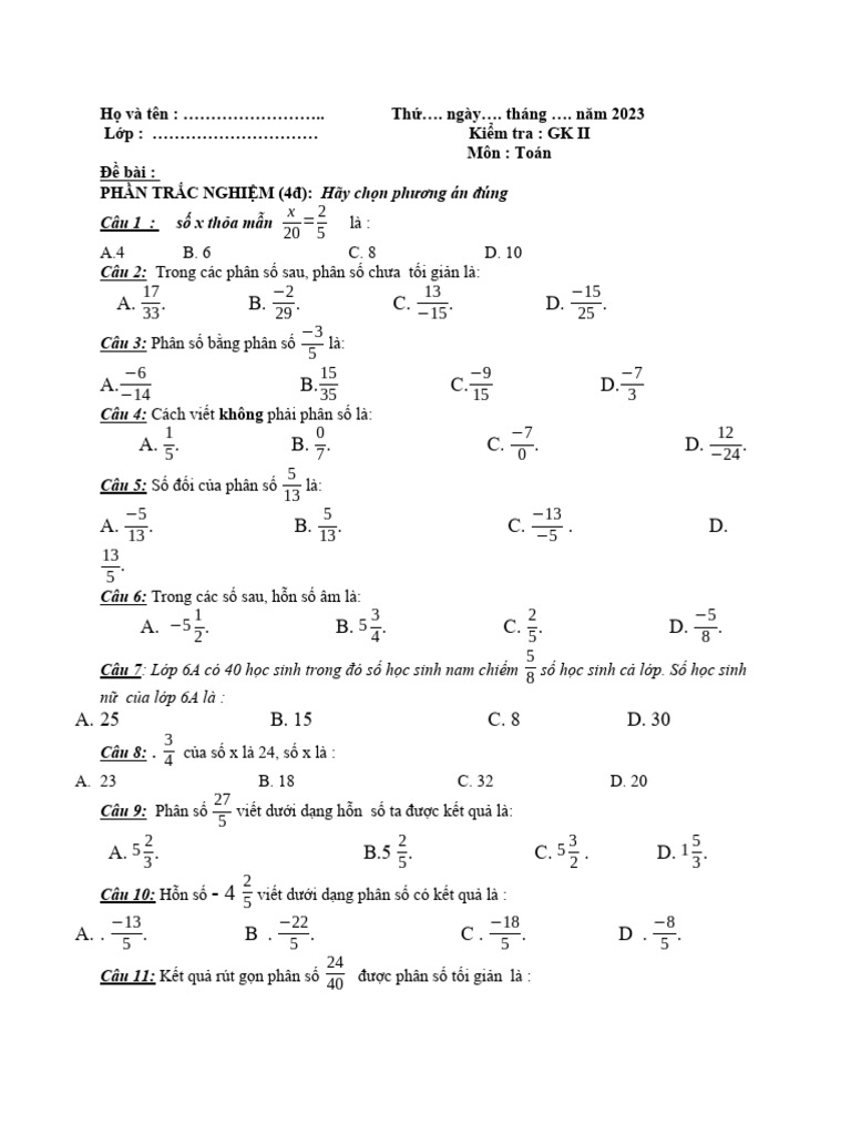 Kiem Tra gk2 Toan 6 | PDF