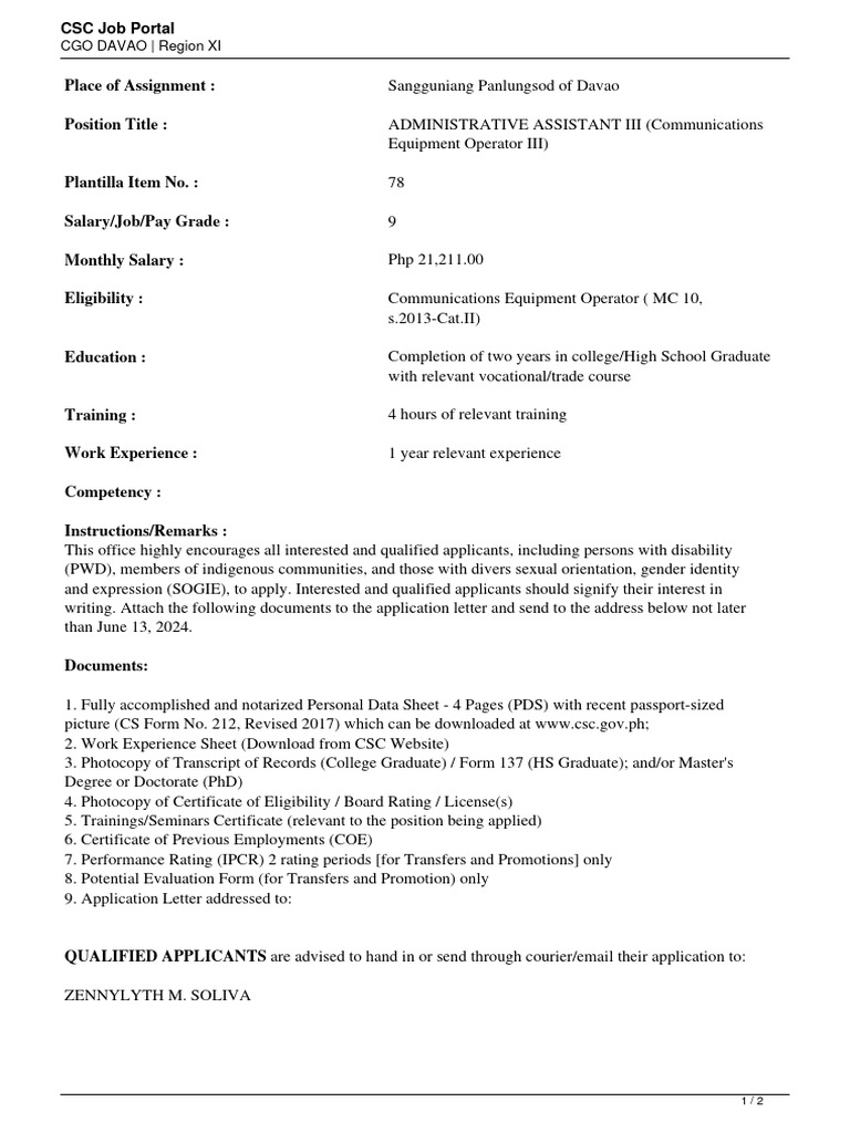 CGO_DAVAO-ADMINISTRATIVE_ASSISTANT_III_Communications_Equipment_Operator_III | PDF