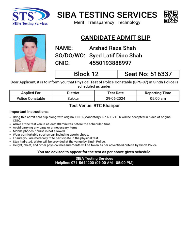 Siba Testing Services: Candidate Admit Slip | PDF
