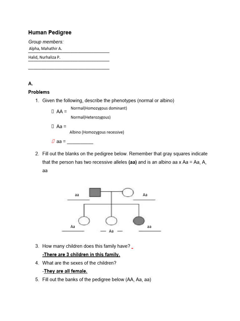 Human Pedigree Analysis Worksheet | PDF | Dominance (Genetics) | Zygosity