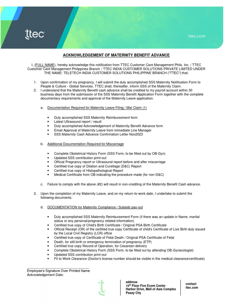 TTEC Maternity Benefit Acknowledgment Guide | PDF | Credit Card | Birth ...